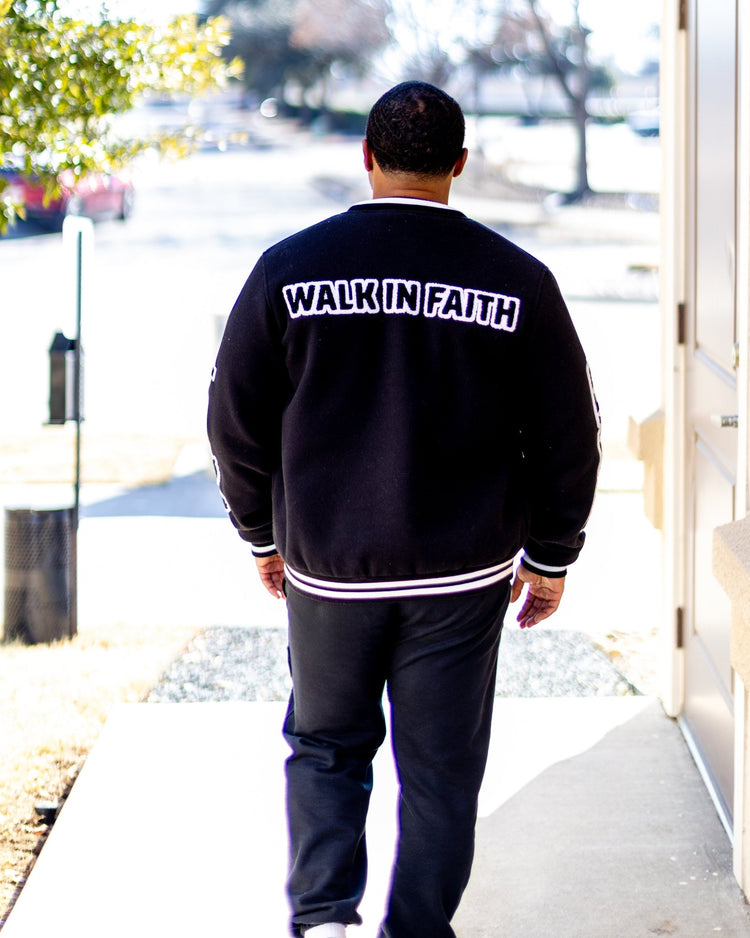 Black Believer Varsity Unisex Christian Jacket - Walk In Faith Clothing